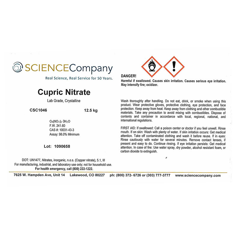 Lab Grade Cupric Nitrate, 12.5kg for sale. Buy from The Science Company.