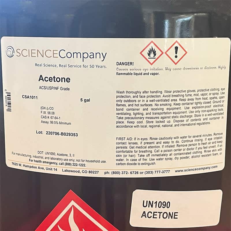 Acetone, 5 Gal., ACS/USP/NF, 99.5%. Buy from The Science Company